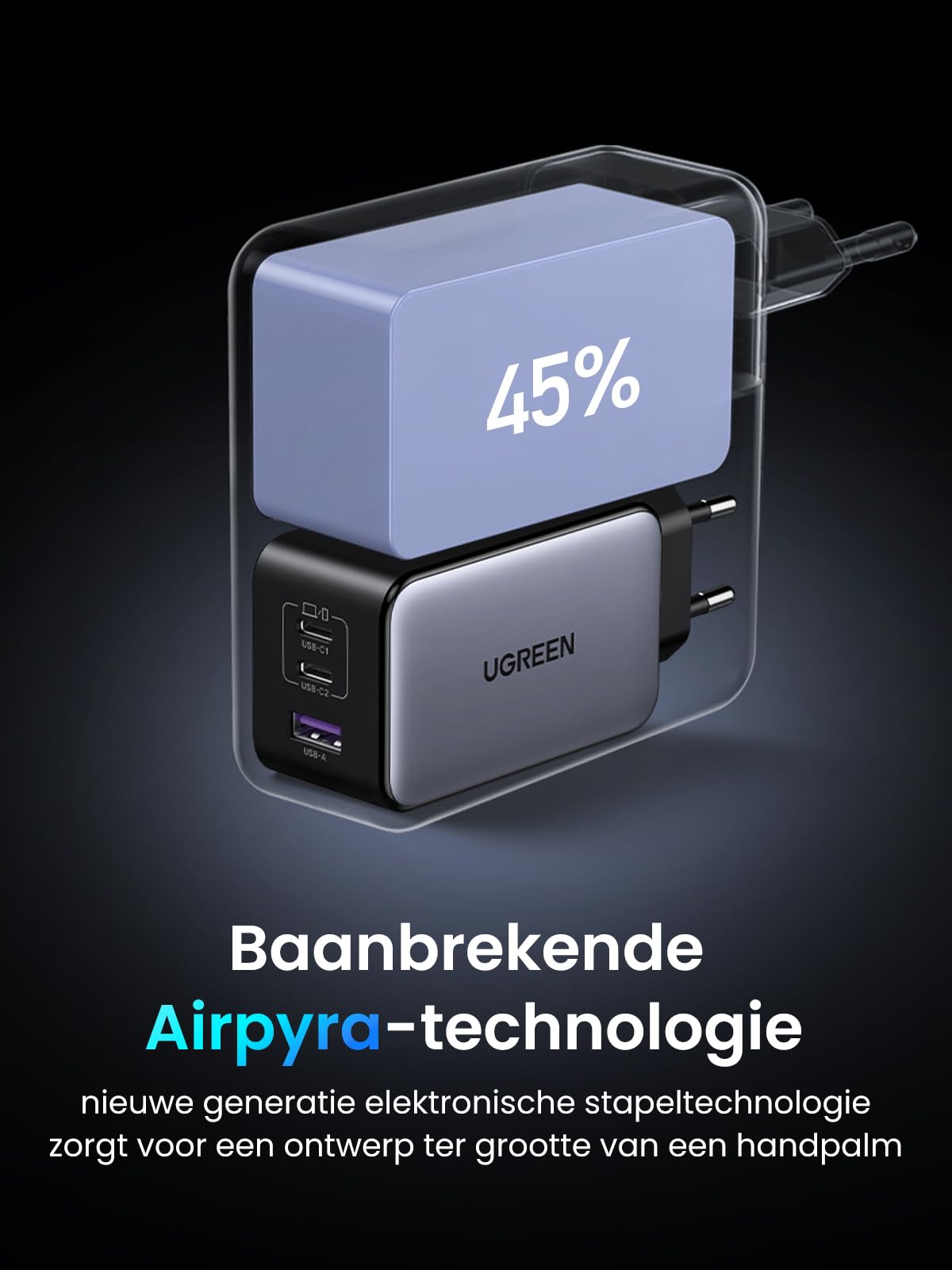 UGREEN Nexode X USB C-oplader 100W Mini GaN-oplader 3-poorts PD-voeding ...
